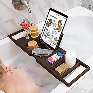 Homemaid Living Luxury Bamboo Bath Tray for Bathtub - Expandable Bathroom Tray with Reading Rack or Tablet Holder, Premium Bath Tray with Wine Glass Holder, Bathroom Caddy, Fits All Bathtubs (Brown)