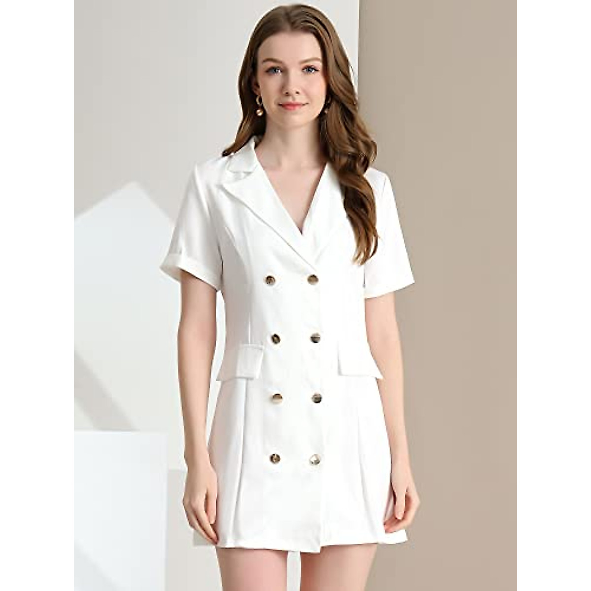 Allegra K Women's Notched Lapel Double Breasted Casual Work Office Belted Blazer Dress Medium White