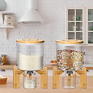 Zhehao 2 Pcs Glass Rice Dispenser 5L Flour Cereal Rice Storage Container Creative Rice Holder with Wooden Stand, Airtight Lid and Measuring Cup for Pantry Sugar Coffee Beans Kitchen Food Organization