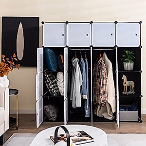 GOFLAME Portable Wardrobe Closet, 16-Cube Storage Organizer with 16 Doors & 2 Hanging Rods, Modular Clothes Dresser, Bedroom Armoire, Cube Shelf Cabinet for Clothes, Toys, Towels, Books, Tools