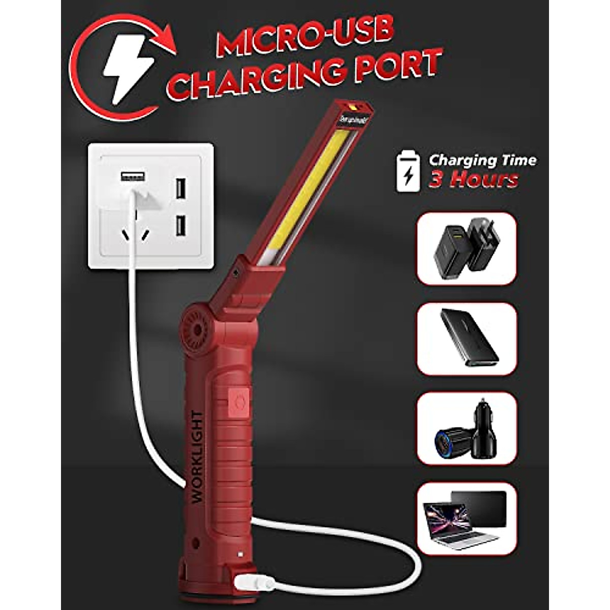 Rechargeable Flashlights, Coquimbo LED Work Lights with Magnetic Base 5 Modes 360° Rotate, Tool Gifts for Men, Dad, Husband, Handyman﻿ (2 Pack, Red)