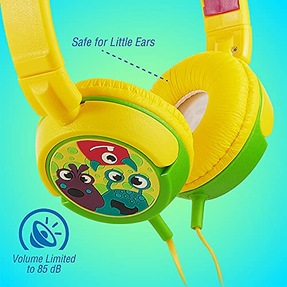 Volkano Wired Kids Headphones with Hearing Protection, Padded Lightweight Kiddy Headset, 85 dB Safe for Children, Girls/Boys, E-Learning, Travel, PC, Cellphones [Yellow/Green] Monster Kiddies Series