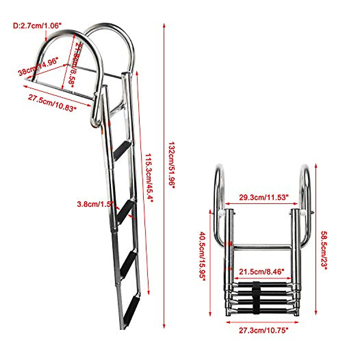 Amarine Made Stainless Steel in-Board 4 Steps Telescoping Ladder Folding Dock Ladder for Marine Boat Yacht Swimming Pool 550lbs Capacity