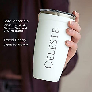 Personalized Vertical Name Engraved Insulated Tumbler, 16 oz. Stainless-Steel Travel Mug with Slide Lid, Custom Gift (Snow)