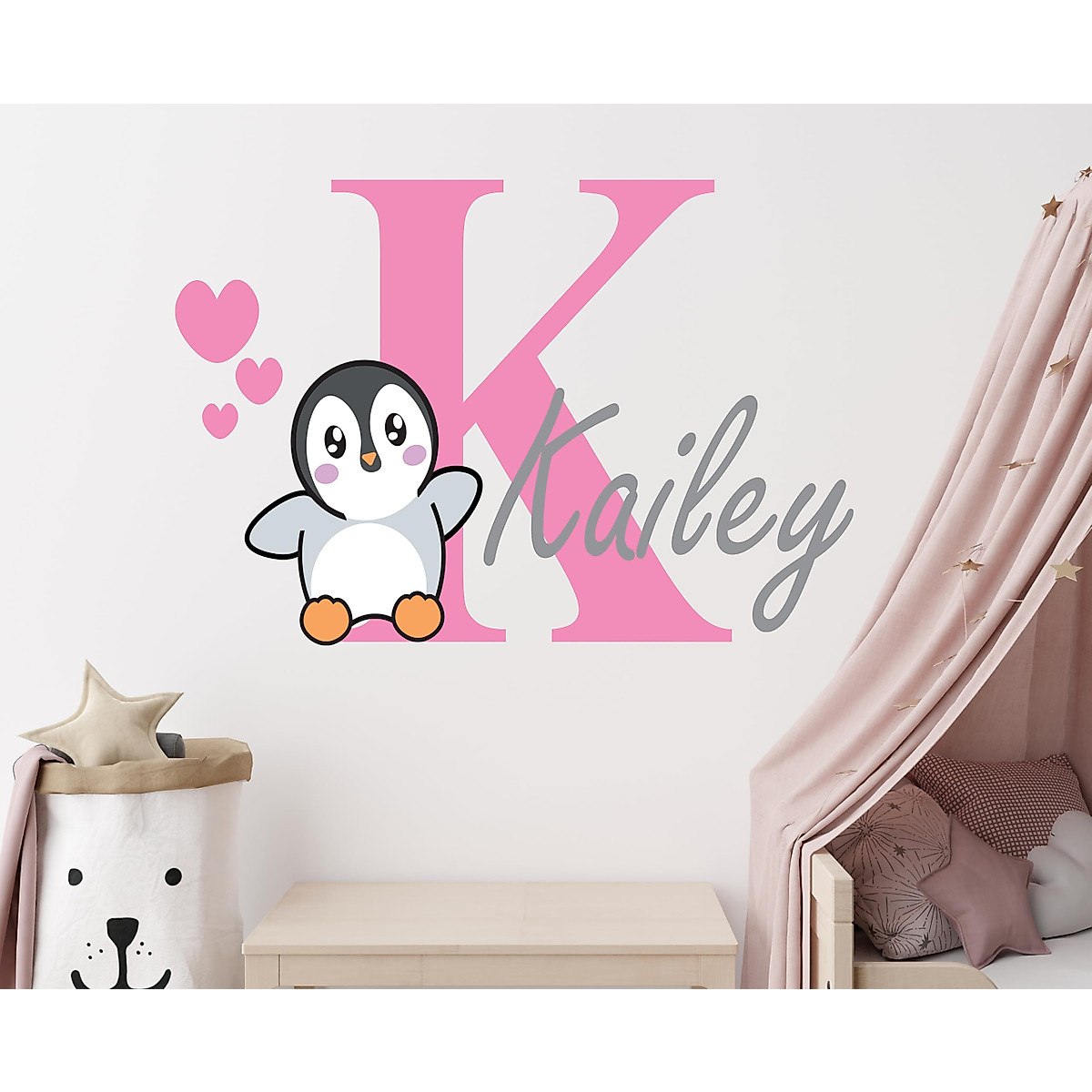 CuteDecals Love Penguin Custom Name - Personalize Penguin Name Wall Art - Unisex Wall Decal for Nursery Playroom Bedroom Decoration (Wide 22x13 Height)