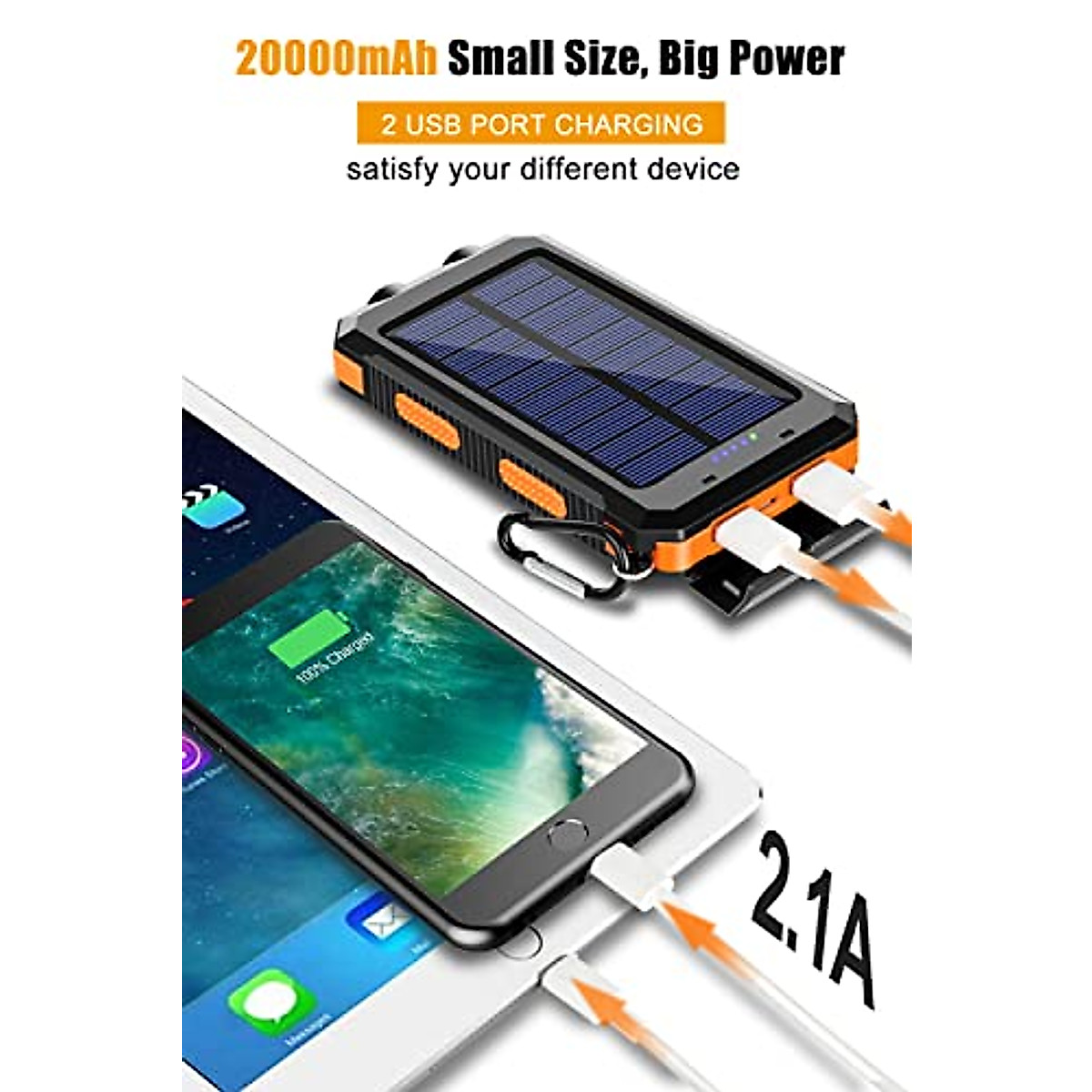 Suscell Solar Charger,20000mAh Solar Power Bank,Waterproof Portable Charger with Dual 5V USB Port/LED Flashlight Compatible with All Smartphone External Battery Pack Perfect for Outdoor/Camping/Trip