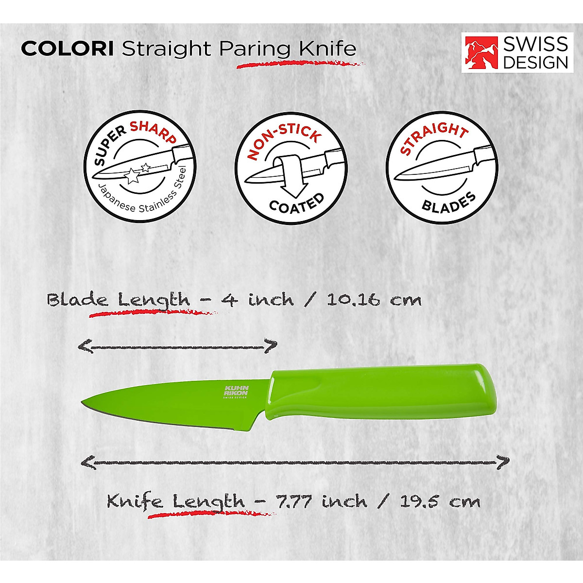 Kuhn Rikon Colori Non-Stick Straight Paring Knife with Safety Sheath, 4 inch/10.16 cm Blade, Lime