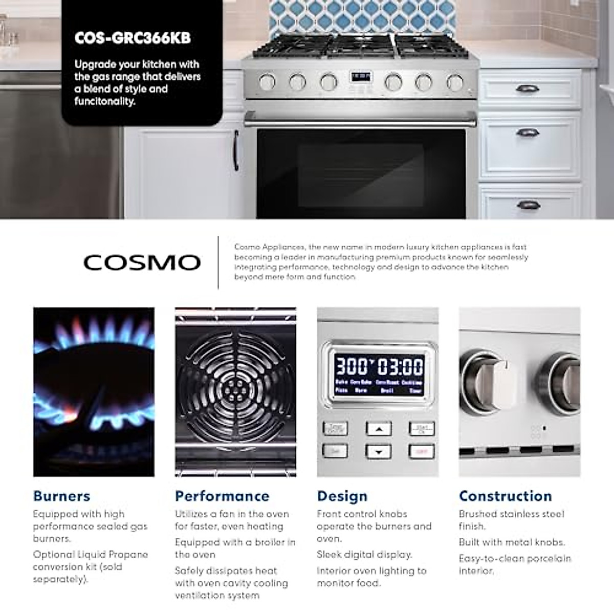 COSMO COS-GRC366KB 36 in. Lumin Collection 6.0 cu. ft Range with 6 Sealed Gas Burners and Convection Oven in Stainless Steel