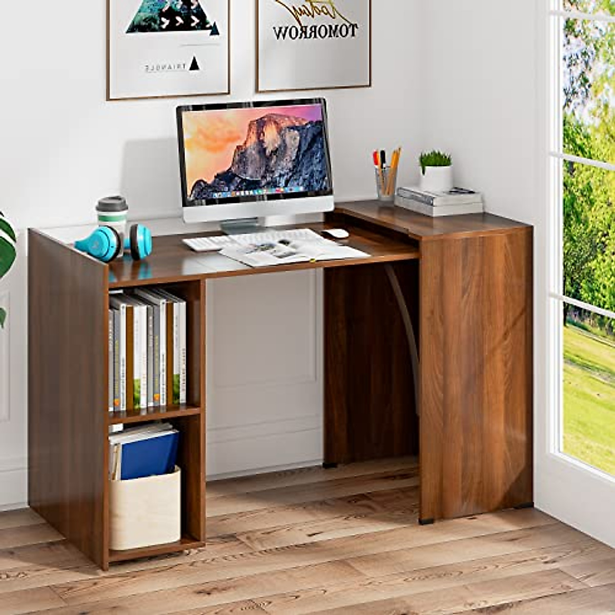 Tangkula Extendable Computer Desk for Small Space, Reversible Study Writing Desk with Mobile Shelves & Anti-Tipping Kit, Home Office Desk, Pull-Out Laptop Workstation Desk (Brown)