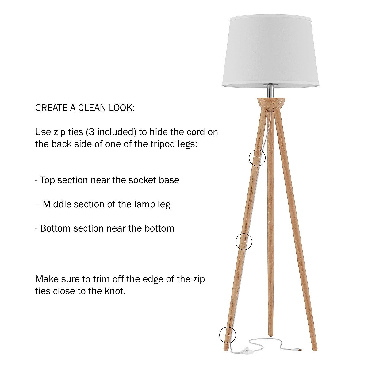 Lavish Home Tripod Floor Lamp – Mid-Century Modern Décor Light with LED Bulb and Natural Oak Wood Base – Bedroom, Living Room, or Office Lighting