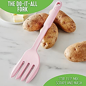 GreenLife Cooking Tools and Utensils, 10-in-1 Silicone Fork to Stir Mix Mash and Scrape, Heat and Stain Resistant, Dishwasher Safe, Soft Pink