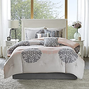 Home Essence Springfield Cozy Pink and Grey Comforter Set Floral Medallion Print - All Season Down Alternative Bedding Layer with Matching Bedskirt, Shams, Decorative Pillow, Queen, Coral 7 Piece
