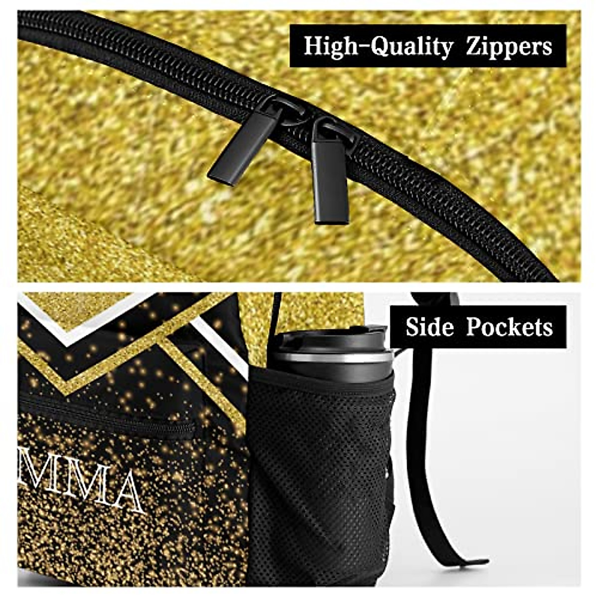 Golden BlingCheer Cheerleaders Backpack Shoulder Shopping Bag Travel Casual Bags with Name Text