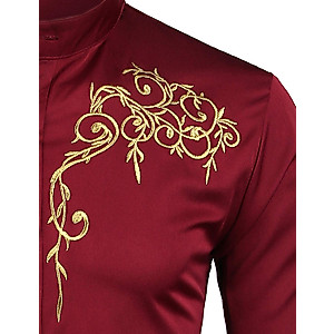 ZEROYAA Mens Hipster Design Golden Floral Embroidery Slim Fit Long Sleeve Mandarin Collar Shirts Tops ZZCL08 Burgundy Large