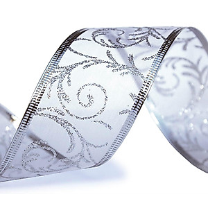 Christmas Ribbon for Gift Wrapping Green & Red Wired Ribbons Silver Sheer Wire Organza Set Present Wrap Around, Xmas Tree Decor Crafts Floral Arrangement Supplies & Decoration 50 Yards