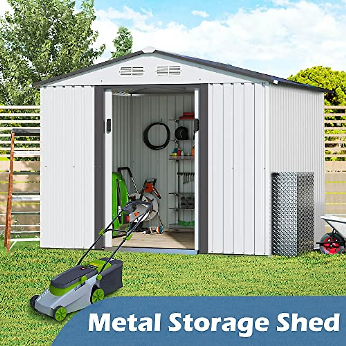 HOGYME 8' x 8' Storage Shed Outdoor Garden Shed Metal Shed Suitable for Storing Garden Tool Lawn Mower Ladder
