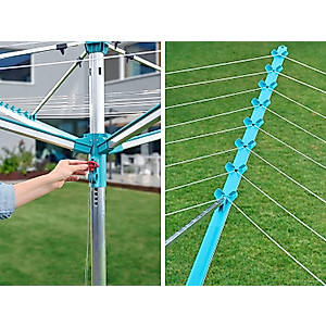 Leifheit Linomatic 500 Easy Dryer 50m Retract to Stay Clean, All Rust-Free Aluminium, 3.28m Turning Diameter, Longest Length 2.03m Pull-Open, Rotary Clothes line Airer, Turquoise, Large
