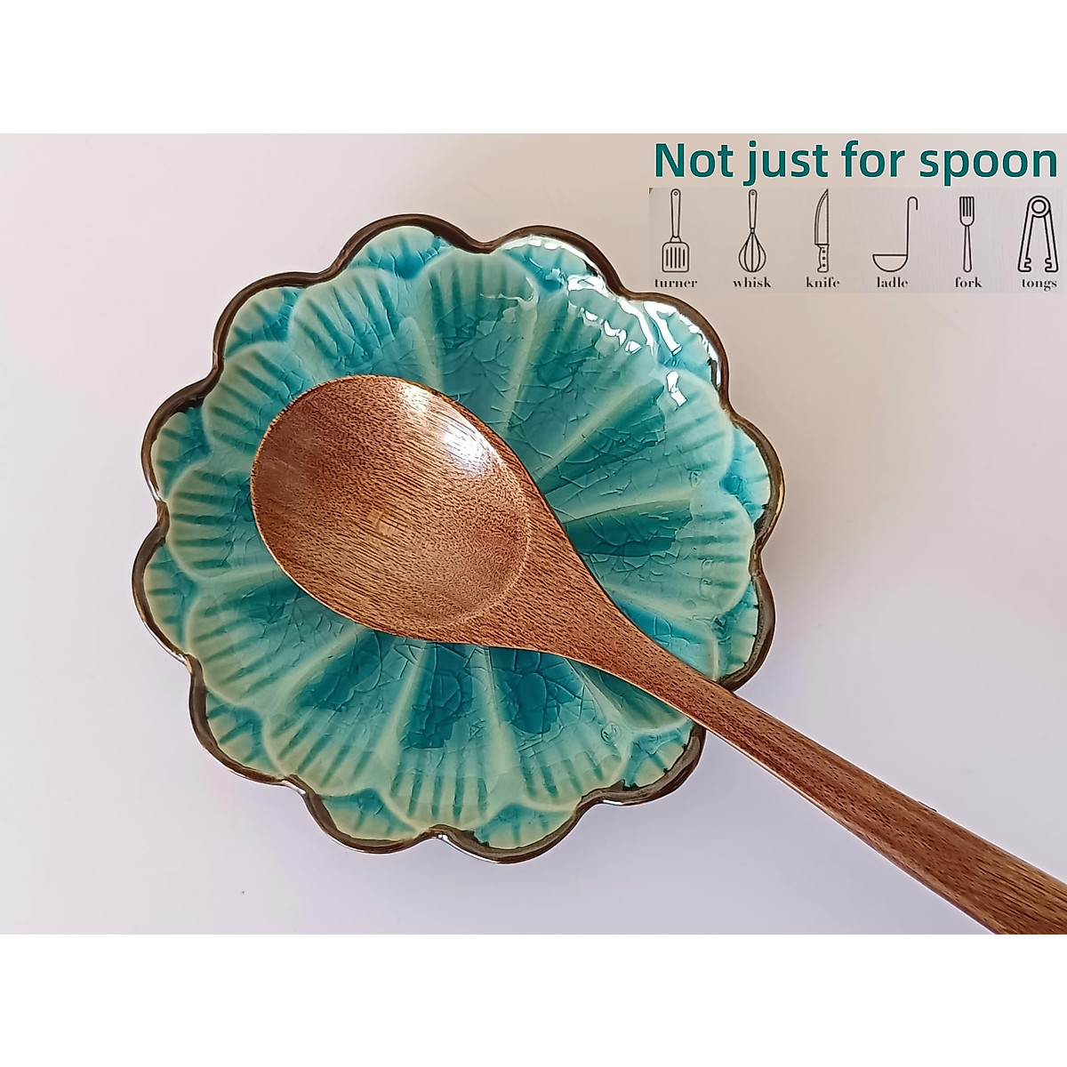 Ceramic Spoon Rest for Stove Top, Flower Cute Spoon Rest for Kitchen Counter, Cooking Spoon Holder for Kitchen Counter, Utensil Rest for Spoon Spatula Ladle or Tong, 1 PC (Ice Cracks Lake Blue)