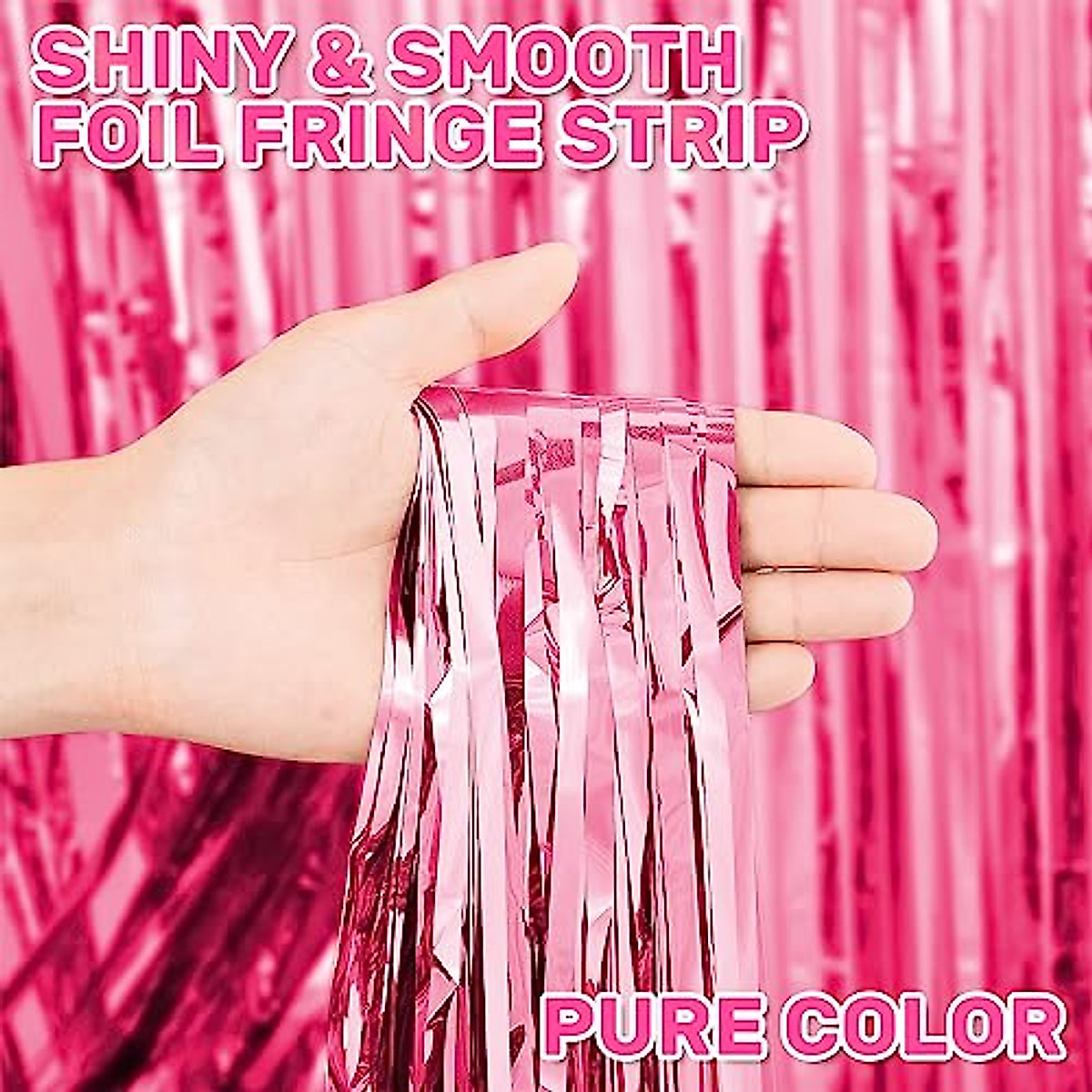4-Pack Backdrop for Party Decorations, Foil Fringe Backdrop Curtains, Tinsel Streamers for Birthday Party Decorations, Pink Backdrop Curtains for Girl Graduation Unicorn Mermaid Disco Princess Parties
