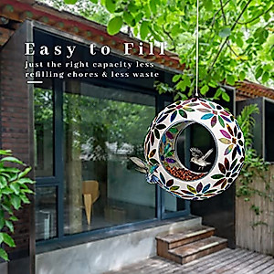 VCUTEKA Bird Feeder for Outside Hanging with Round Shape Glass Container to Attract More Wild Birds, Mosaic Fly Through for Garden, Yard, Backyard, Deck and Porch Decor, 7-Inch