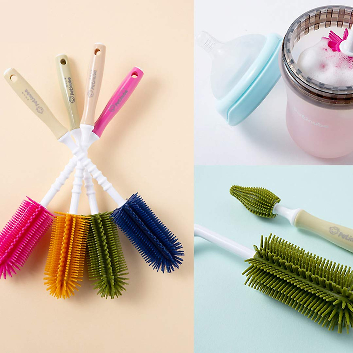 PETINUBE Baby Bottle Cleaning Brush Soft Brush Baby Bottle Cleaner Silicone Brush for Bottles and Cups for All Bottle Types(Navy, Swivel Handle Set)