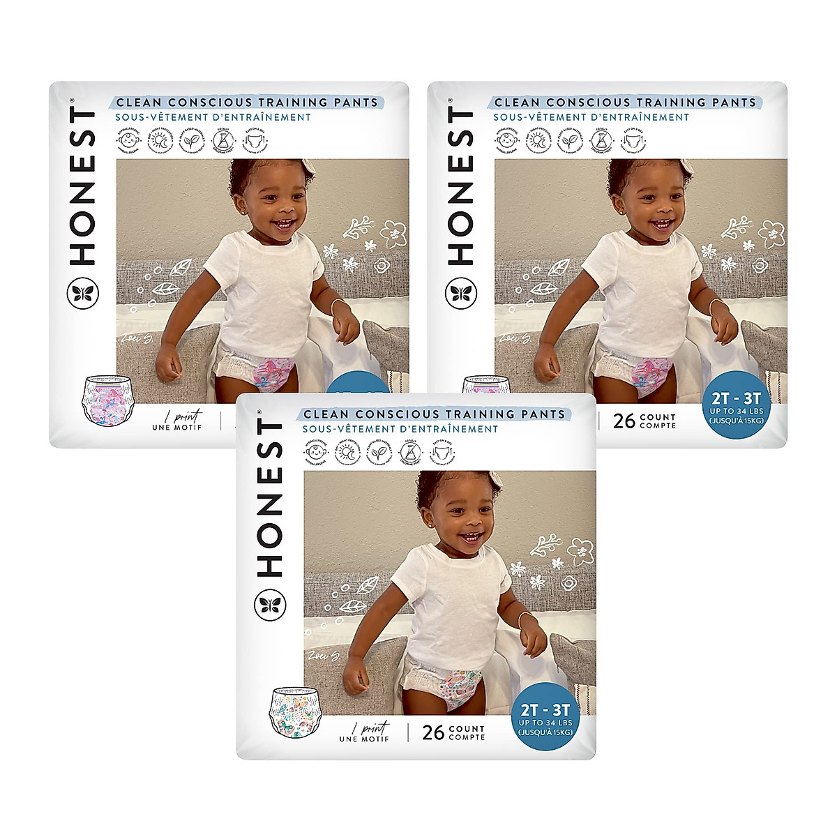 The Honest Company Clean Conscious Training Pants | Plant-Based, Sustainable Diapers | Magical Moments + Butterfly Kisses | Size 2T/3T (34- lbs), 78 Count