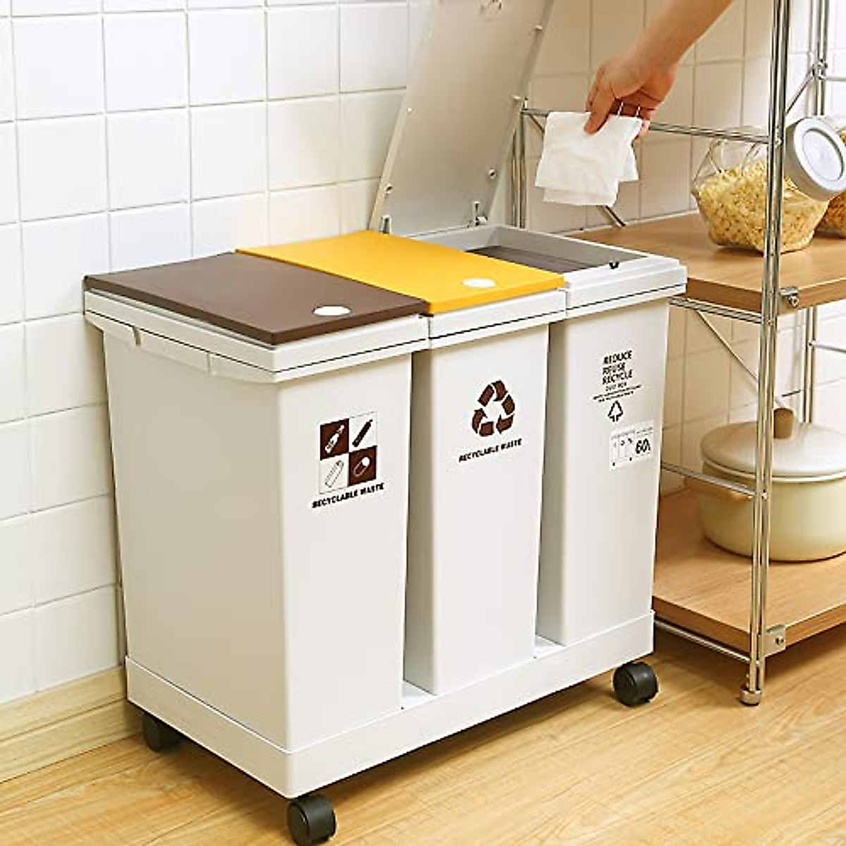 MYOYAY 3 Compartment Trash Can Garbage Cans with Recycling Bin Triple Trash Can 16 Gallon/3x20L Kitchen Trash Can 3 Compartment for Kitchen,Bathroom, Living Room