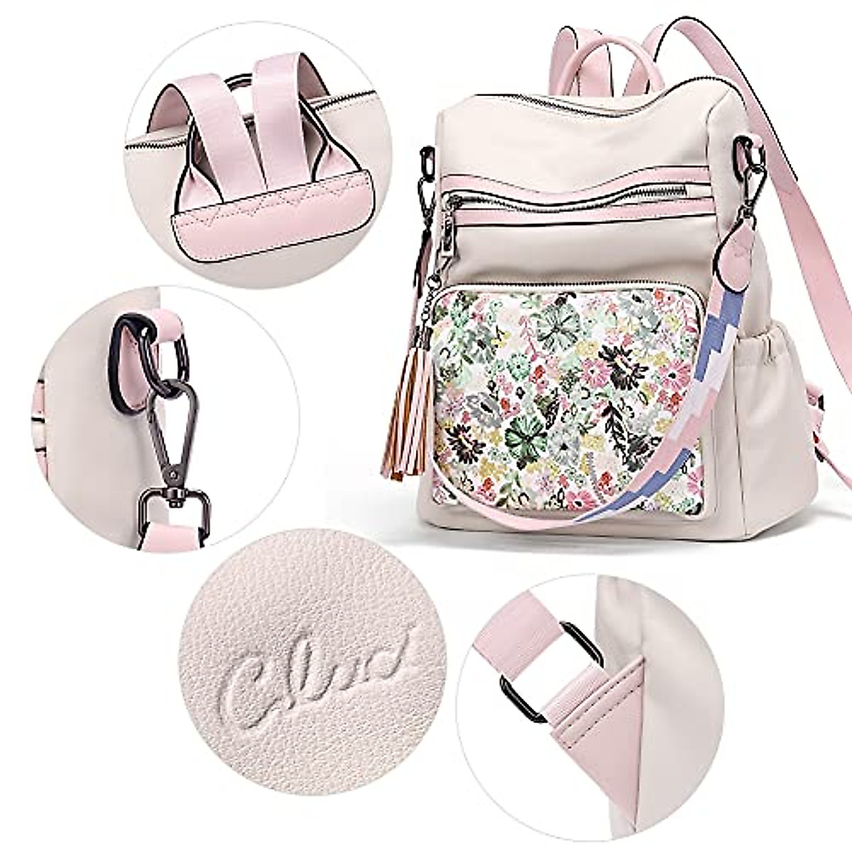 CLUCI Backpack Purse for Women Fashion Leather Designer Travel Large Ladies convertible Shoulder Bags with Tassel White print