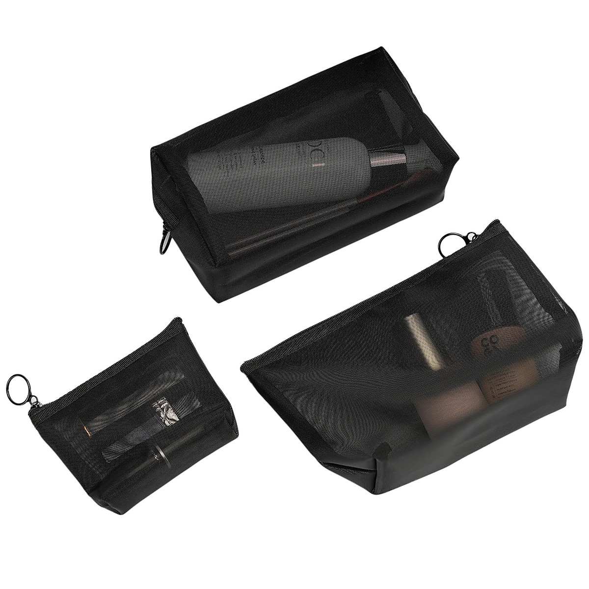 TOPASION Portable Mesh Makeup Bag with Zipper Small Travel Toiletry Bag Lightweight Cosmetic Pouch (Black 3 Piece Set)