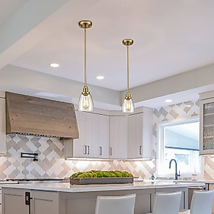 CLAXY Glass Pendant Lights Kitchen Island Mini Pendant Lighting Bell Shade Adjustable Rod Hanging Pendant Light Fixture Gold