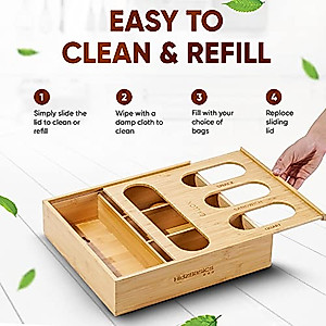 HidzBasics Ziplock Bag Organizer – Bamboo Ziplock Bag Storage Organizer for Gallon, Quart, Sandwich, and Snack Size Food Bags – Baggie Organizer for Kitchen Drawer and Pantry – Wooden Slider Lid