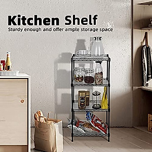 Best 4-Tier Wire Shelving - Black - Heavy Duty Shelf - Kitchen Storage Shelves, Wire Shelving Unit with Baskets Storage Rack Corner Shelf Shelving Adjustable Storage Shelf, 11.8" D x 15.7" W x 47" H