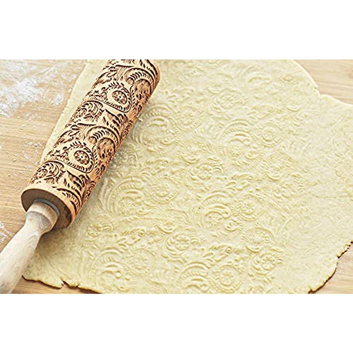 Embossed Rolling Pins for Baking, Small Wooden Roller Pin with Textured Pattern, Best Gift for Wedding, Holiday, Mother, Friends (Flower)