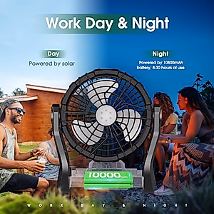Drchop 7W Solar Fan Camping with Light, 10400mAh Solar Powered Fan, 9-Inch Outdoor Camping Fan for Tents, Rechargeable Fan Portable, Battery Powered Operated Fan, Travel Tent Fan, Camping Essentials