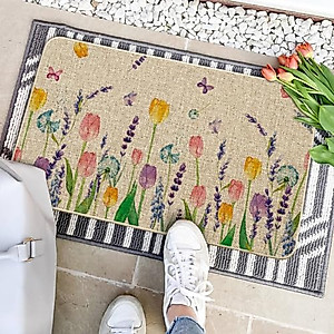 Artoid Mode Tulip Lavender Spring Decorative Doormat, Seasonal Flower Summer Holiday Low-Profile Rug Switch Mat for Indoor Outdoor 17x29 Inch