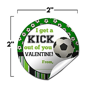 Kick Out of You Soccer-Themed Valentine Party Favor Sticker Labels, 40 2" Party Circle Stickers by AmandaCreation, Great for Classroom Valentines, Envelope Seals, Gifts & Treats