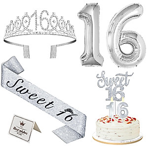 Silver Sweet 16 Birthday Decorations for Girls with 16th Birthday Sash and Tiara, Sweet 16 Cake Topper and Candles, 16 Birthday Balloons, Happy 16th Birthday Gifts for Sweet 16 Birthday Party