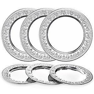 ZENFUN 6 Pack 12" Stainless Steel Charger Plates, Round Metal Plates with Flower Pattern, Large Serving Camping Plates for Home Kichten, Banquets, Parties, Restaurants