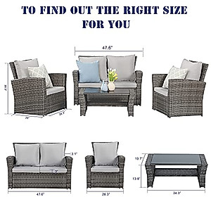 Wisteria Lane 4 Piece Outdoor Patio Furniture Sets, Wicker Conversation Set for Porch Deck, Gray Rattan Sofa Chair with Cushion