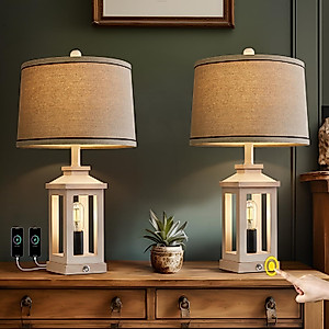 G-SAFAVA 23.75" Retro Farmhouse USB C+A Ports Table Lamp Set of 2 with 3 Way Dimmable Touch Control White Nightlight Vintage Modern Lamp for Living Room Bedroom with 2 Light Sources