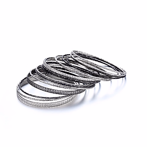 Ensoul 2.68" Inner Diameter Silver Lt Hematite Multiple Textured Metal Bracelets & Bangles Set For Women 18Pcs/Set