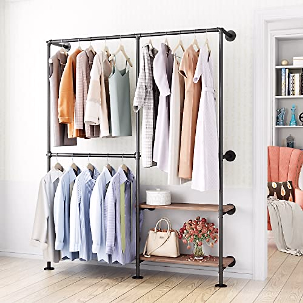 IronJiaZu Industrial Pipe Clothes Racks with Black Shelves, Industrial Pipe Black Clothing Rack with Double Hanging Rods, Heavy Duty Wall Mounted Clothing Rack Rod for Closet Storage, Bedroom