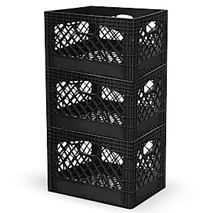 Juggernaut Storage 24 Quart 3 Pack Black Heavy Duty Rectangular Stackable Dairy Milk Crates, 11" Height, 19" Width
