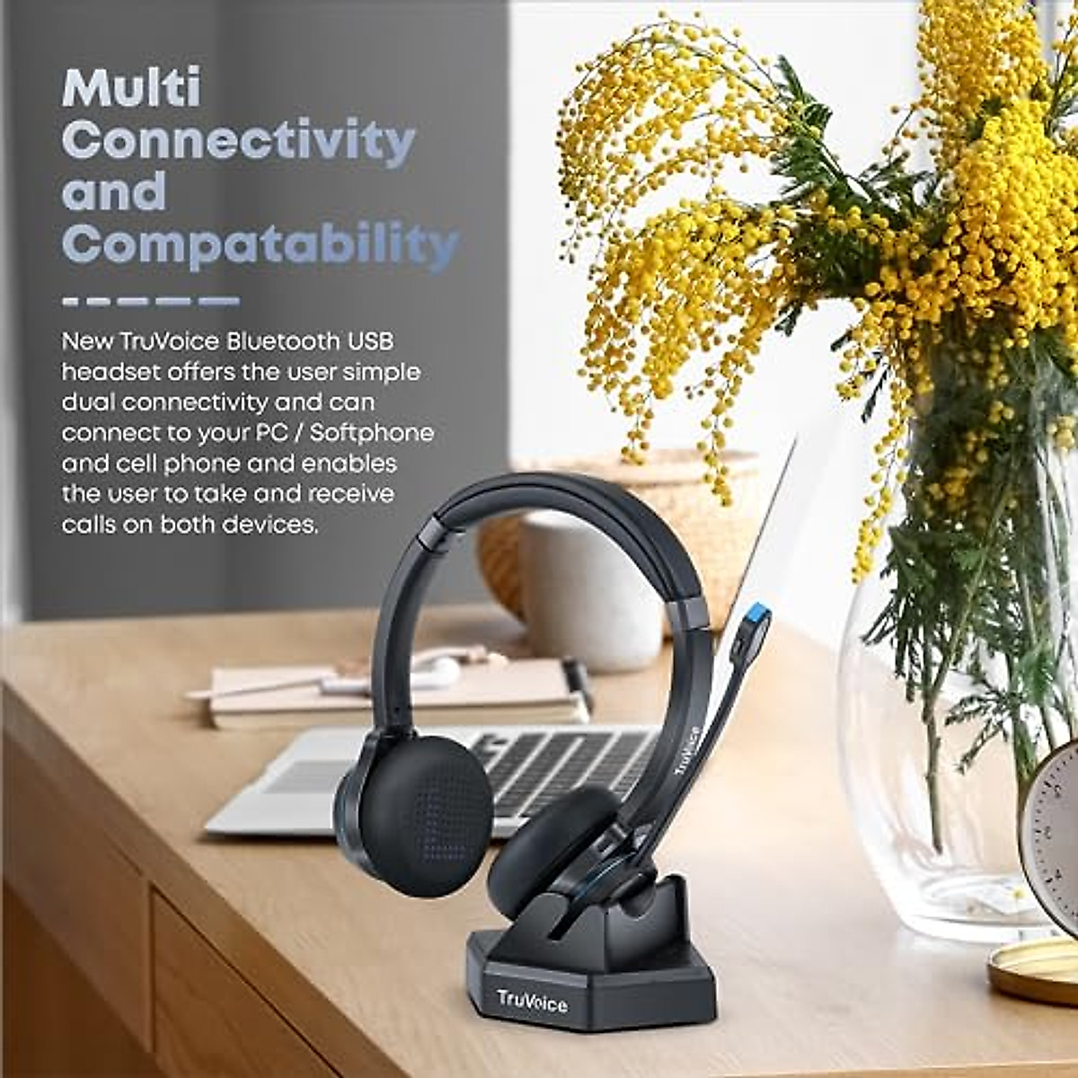 TruVoice BT65 Wireless USB Headset with Hi-Fi Audio and Noise Canceling Microphone - v5.2 Bluetooth Fast Charging Base and 15hr Talk time - Multi Connectivity with Both Computer and Cell Phone.