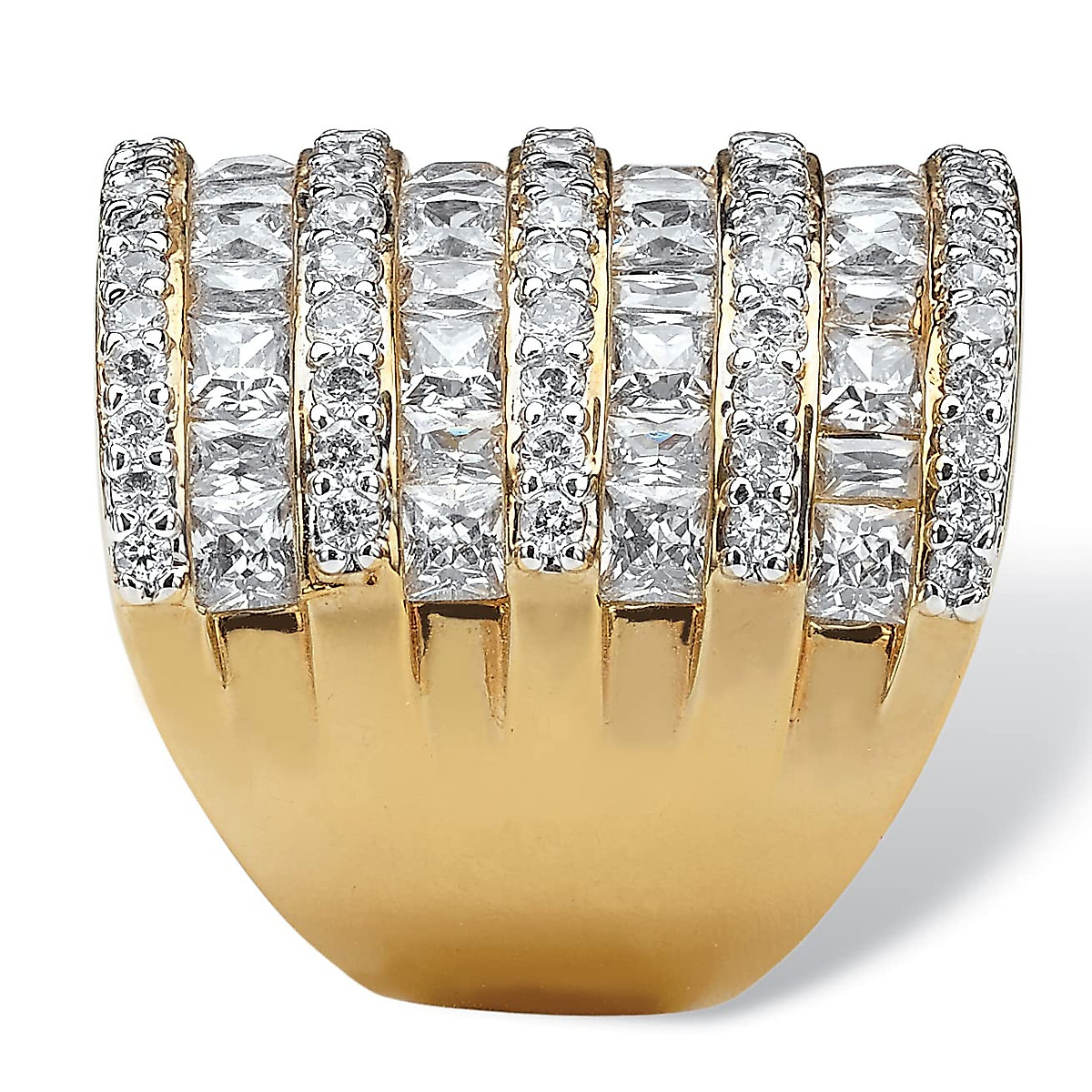 PalmBeach Jewelry Silvertone or Yellow Gold-Plated Princess Cut and Round Cubic Zirconia Channel Set Cocktail Ring Size 9