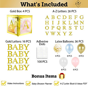 82 PCS Gold Neutral Baby Shower Decorations for Boy or Girl - Jumbo Transparent Baby Block Balloon Boxes, BABY, A - Z Letters DYI Gold White Pink Blue Balloons | Gender Reveal Party Supplies Birthday