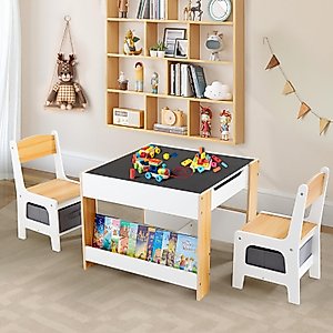 Asweets Kids Table and Chair Set,4 in 1 Toddler Desk with Storage Drawer,Wooden Activity Table for 2 in 1 Detachable Tabletop,Bookshelve,Suitable for Classroom,Home, Nursery, Playroom (Natural White)