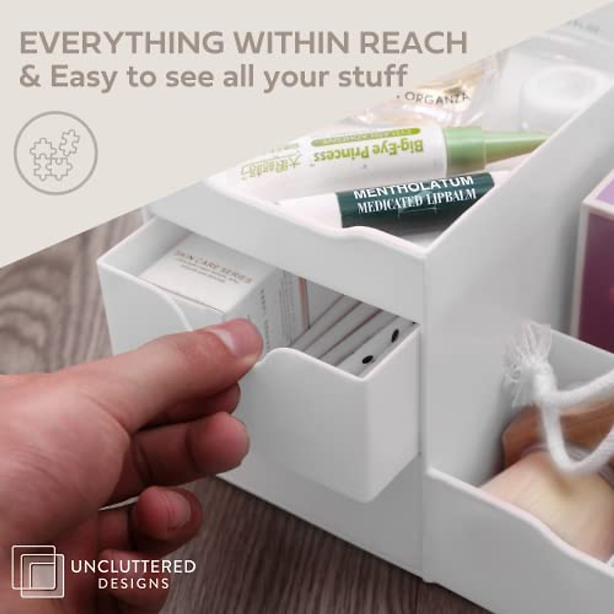 Uncluttered Designs Makeup Organizer With Drawers — Modern Countertop Storage for Cosmetics — Chic Vanity Holder for Perfume, Skincare, Brush, Lipstick, Nail Polish Organization and Display (White)