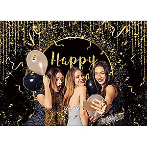 Maijoeyy 7x5ft Black Gold Happy Birthday Backdrop Golden Sparkle Shining Dots Photography Background Glitter Bokeh Sequin Spots Backdrop for Women Men Birthday Party Decoration Banner