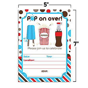 Pop On Over Soda and Popcorn Birthday Party Invitations, 20 5x7 Fill In Cards with Twenty White Envelopes by AmandaCreation